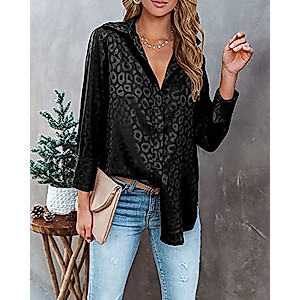 BTFBM Women's Satin Button Down Shirts Roll Up Long Sleeve Lapel V Neck Loose Casual Work Summer Fall Blouse Tops 2023(Leopard Black, Small)