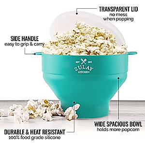 Zulay Kitchen Large Microwave Popcorn Maker - Silicone Popcorn Popper Microwave Collapsible Bowl With Lid - Family Size Microwave Popcorn Bowl - 15 Popcorn Cup Capacity (Aqua)