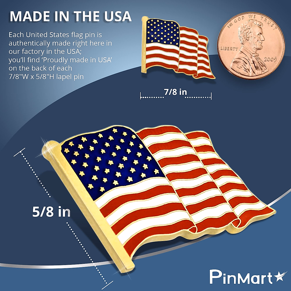 PinMart American Flag Lapel Pin – Made in the USA - Gold Plated Enamel Pin – Patriotic Waving United States Country Pin for Coats, Suit Jackets and Lanyards