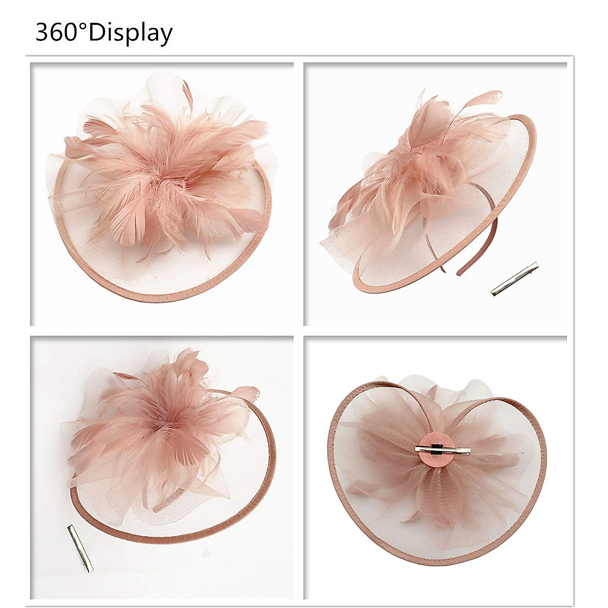 SAFERIN Fascinator Hair Clip Cocktail Hat Bowler Feather Flower Derby Kentucky Veil Wedding Party Hat Tea Fascinators (a-Skin Pink)