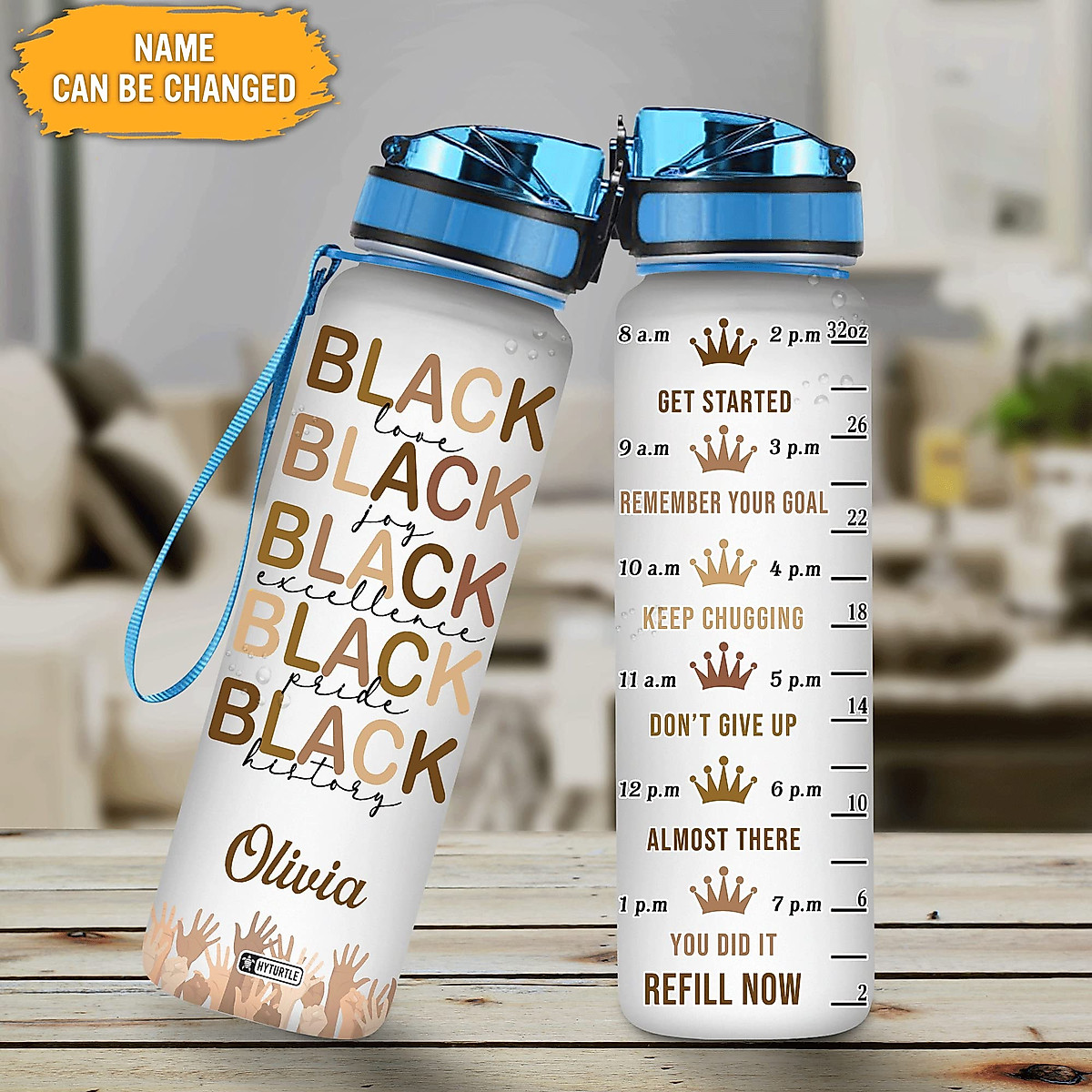 Hyturtle Personalized Black Love Joy Excellent African American 32oz Liter Motivational Water Bottle, Customized Name With Time Marker, Gifts For Black Women Men Family On Birthday Anniversary