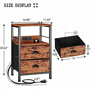Furologee End Table with Charging Station, Nightstand with Fabric Drawers, Side Table with USB Ports & Outlets, Night Stand with Storage Shelf & Hooks, for Living Room/Bedroom, Rustic Brown
