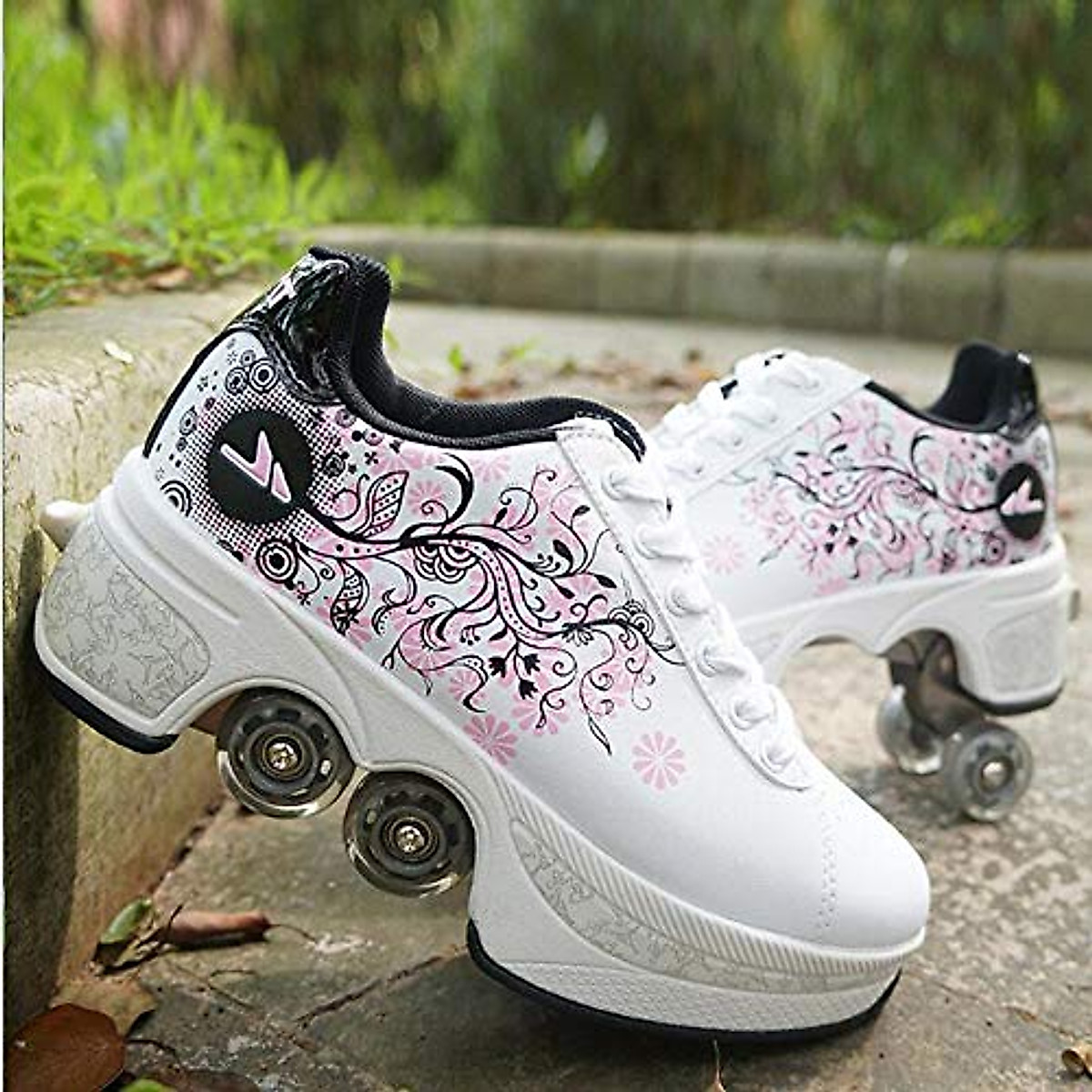 Mlyzhe Rollerskate Shoes Parkour Dual Skates Casual Retractable Deformation Roller Shoes Skating Shoes with Wheel Double-Row Outdoor Trainer Roller Skate Shoe for Women Boys Girls Wheels Shoes