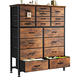 YaFiti 18 Drawer Dresser, Tall Dressers for Bedroom, Extra Large Capacity Fabric Storage Dresser with Wooden Top and Sturdy Metal Frame for Living Room, Closet, Hallway (Rustic Brown)