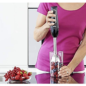 Braun 4-in-1 Immersion Hand Blender, Powerful 350W Stainless Steel Stick Blender, Multi-Speed + 2-Cup Food Processor, Whisk, Beaker, Masher, Easy to Clean, Black, MultiQuick MQ537BK