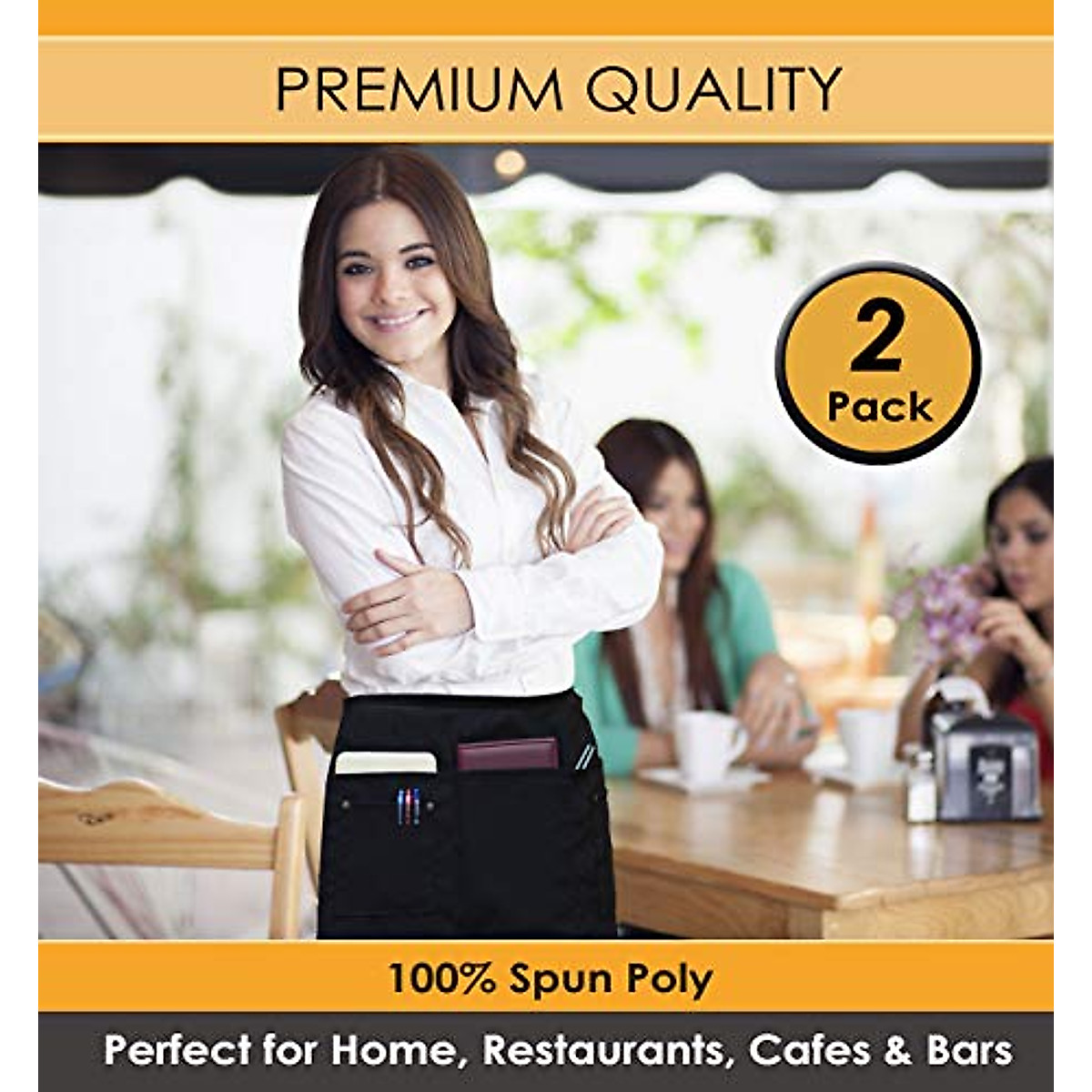 Brtex Server Aprons with 5 Pockets (2 Pack) – Commercial Grade Black Waist Aprons for Women Men – Restaurants Cafes Bars Home & Kitchen Apron 24x12 Fits Every Waist