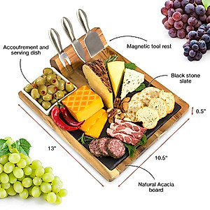 Zelancio Slate Cheese Board Set, 10 Piece Set Includes 4 Stainless Steel Cheese Tools, Premium Acacia Serving Tray with Slate Board, and Porcelain Olive Dish