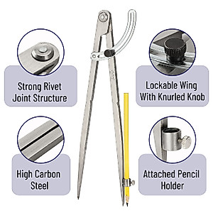 Mr. Pen- Professional Large Compass for Woodworking, 12 Inch Compass with Wing, Compass for Geometry, Compass Drawing Tool, Woodworking Compass, Pencil Compass for Carpenter, Drafting, Drawing Compass