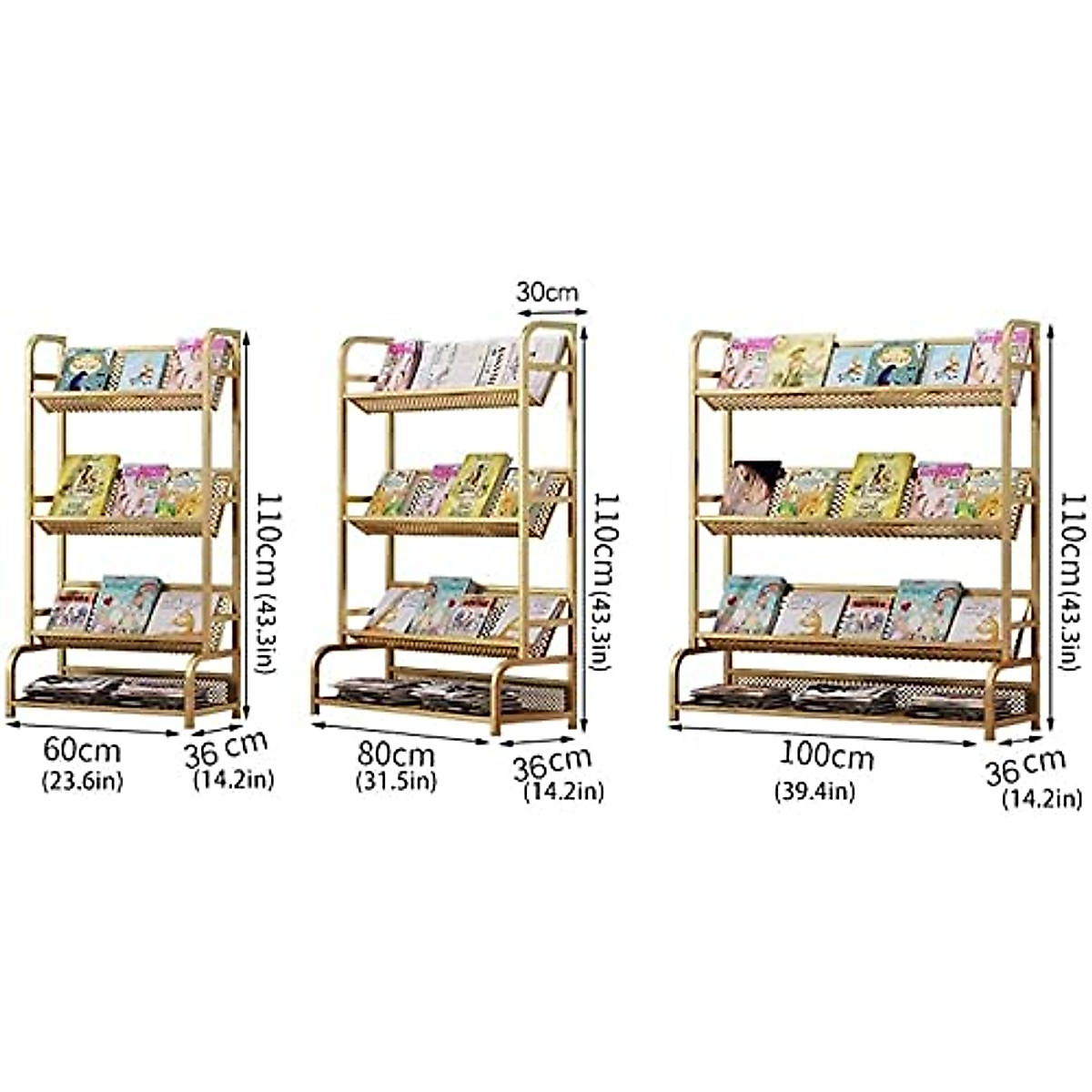 ROLTIN Bookcases Bookshelf Nordic Bookshelf 4-Tier Metal Bookcase Standing Bookshelves Open Display Shelf Home Office Storage Rack for Books and Magazines Bookcase (Color : Gold