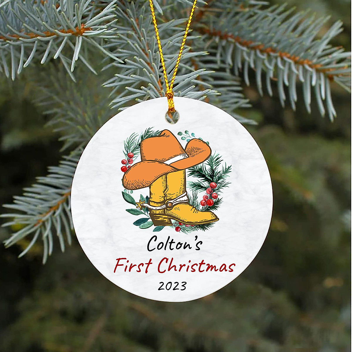 MeMate Personalized Babys First Christmas 2023 Ceramic Ornament, Western Baby's 1st Christmas Ornaments Keepsake, Cowboy Baby Name Ornaments, Christmas Decoration for Newborn