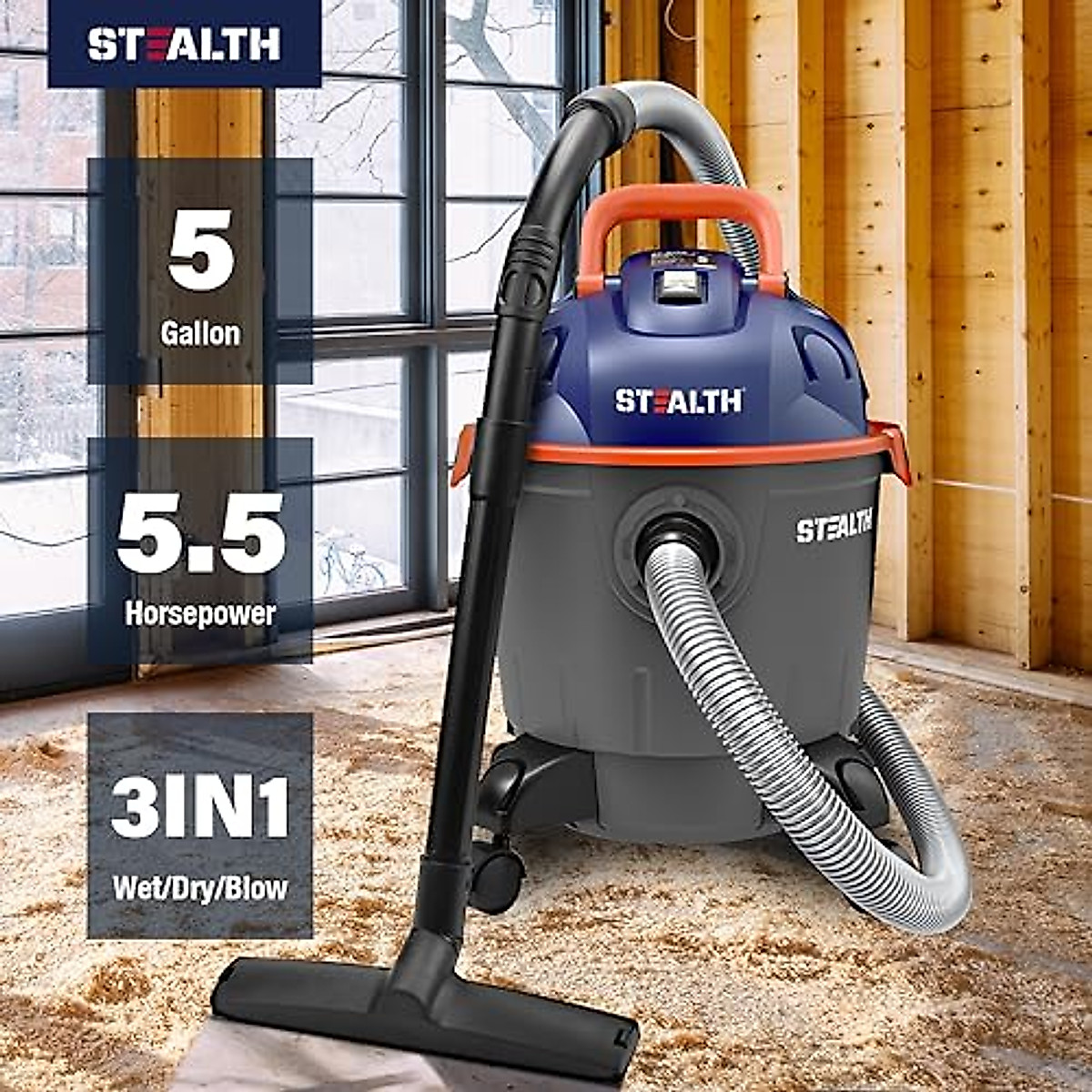 Stealth Wet/Dry Vacuum 5 Gallon, 5.5 Peak HP Shop Vacuum with Blower for Home, Garage, Car, Workshop,EMV051