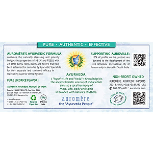 Auromere Ayurvedic Herbal Toothpaste, Mint Free - Vegan, Natural, Non GMO, Fluoride Free, Gluten Free, with Neem & Peelu (4.16 oz), 1 Pack