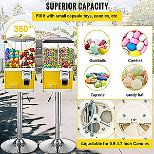 VEVOR Gumball Machine with Stand, Yellow Quarter Candy Dispenser, Rotatable Four Compartments Square Candy Vending Machine, PC & Iron Large Gumball Bank Adjustable Dispenser Wheels for 1" Gumballs