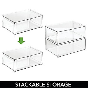 mDesign Plastic Stackable Kitchen Storage Organizer Bins with Pull Out Drawer for Cabinet, Pantry, Fridge, Freezer, Shelf, Refrigerator Organization - Lumiere Collection - 2 Pack - Clear