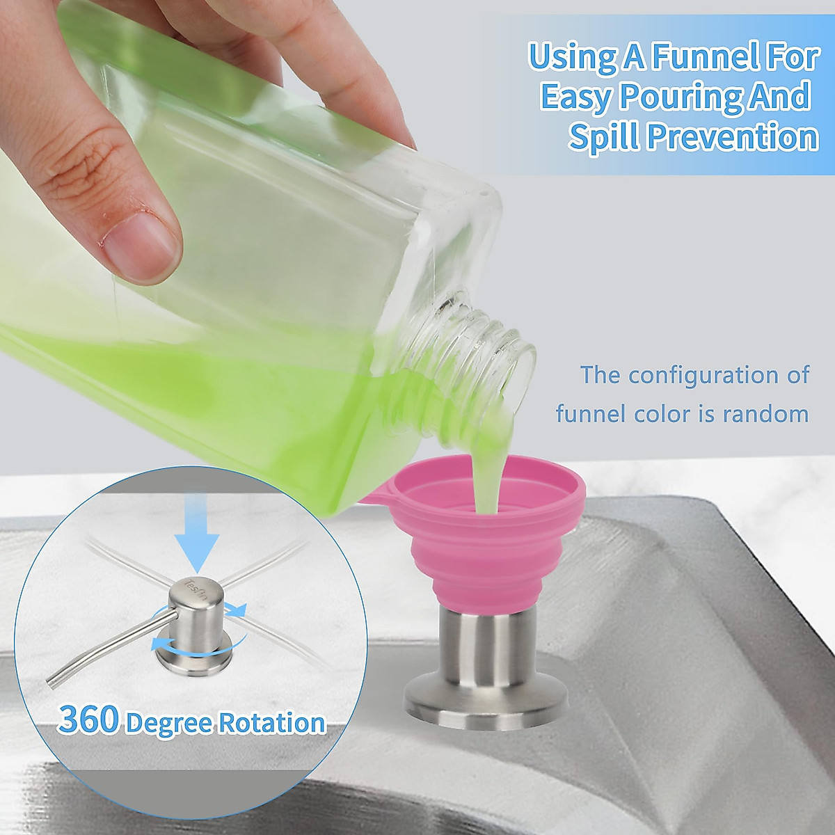 Tesrin Stainless Steel Soap Dispenser for Kitchen Sink Brushed Nickel Built in Soap Dispenser Pump Dish Liquid Countertop Soap Dispenser with Bottle