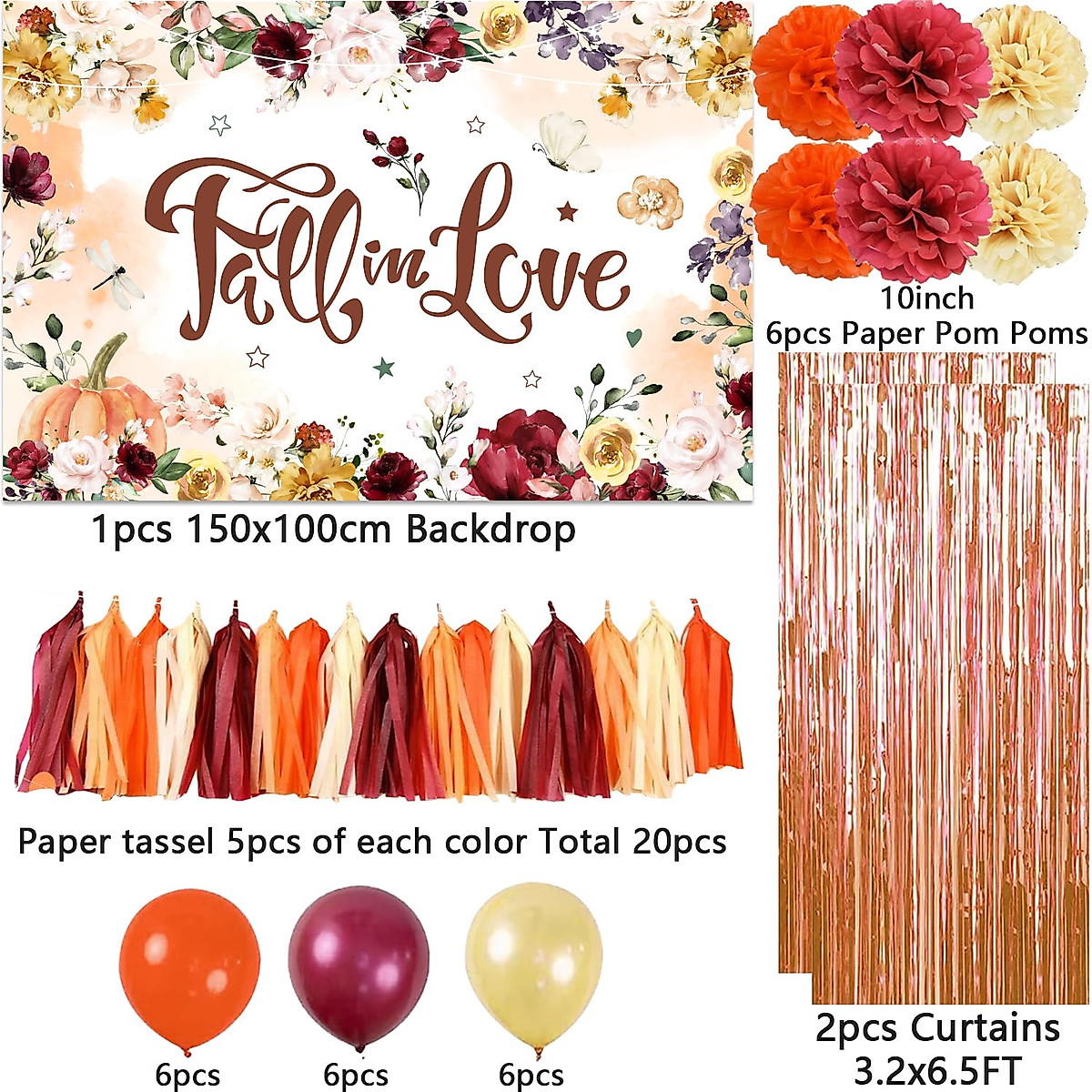 Fall In love Bridal Shower Decorations Fall Wedding Decorations 47pcs Fall Bridal Shower Decorations Set Includes Backdrop, Paper Pom Poms, Paper Tassel, Curtains and Balloons