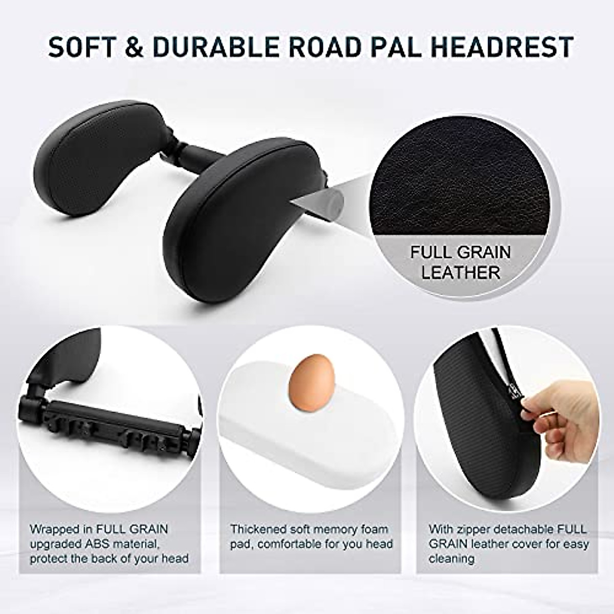 KUNGKIC Car Headrest Pillow,Full Grain Leather,U Shaped Car Seat Adjustable Head Neck Support,Sleeping Travel Car Pillow,Sleep Cushion Car Side Pillow for Kids Adults Elders (Black)