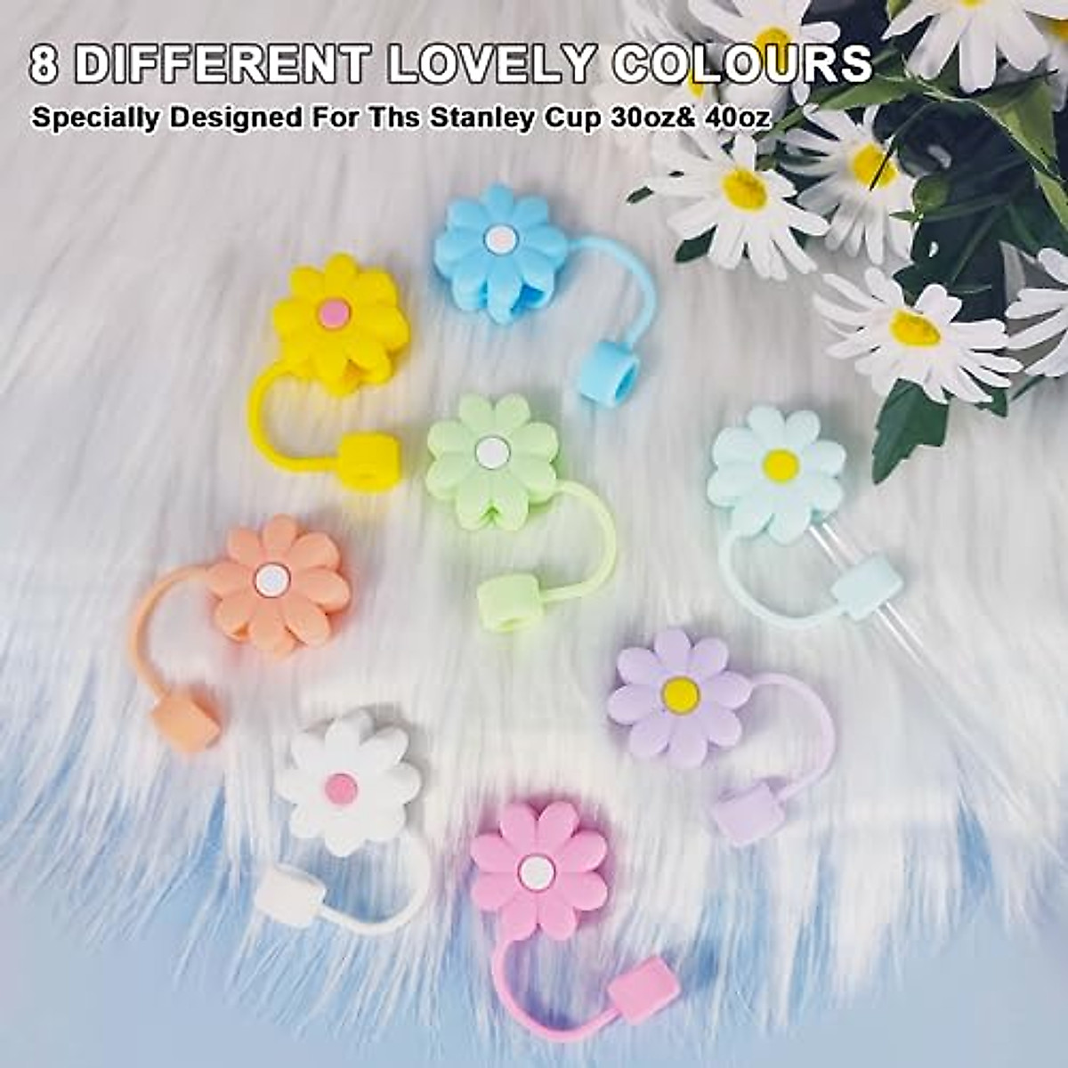 EXQUILEG Straw Covers Cap Fit for Stanley Cup, 8Pcs Silicone Flower Straw Toppers Compatible for Stanley 30&40 Oz Tumbler, 10mm Drinking Straw Tip Covers Fit for Stanley Cups Accessories
