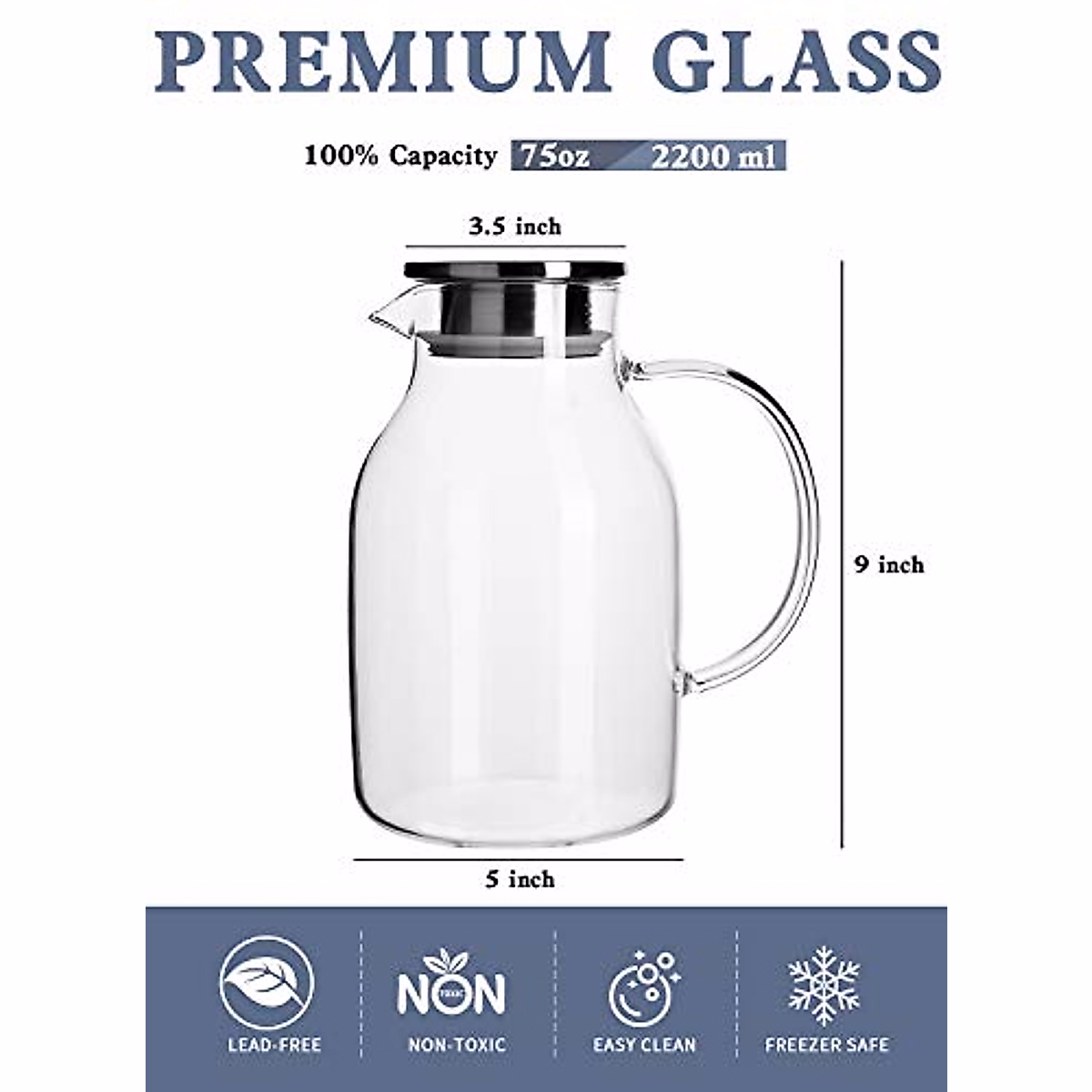 Kanwone 75oz Glass Pitcher with Stainless Steel Lid and Spout, Heat Resistant Borosilicate Glass Water Carafe for Sun Tea, Lemonade, Homemade Juice, Milk or Hot Beverages