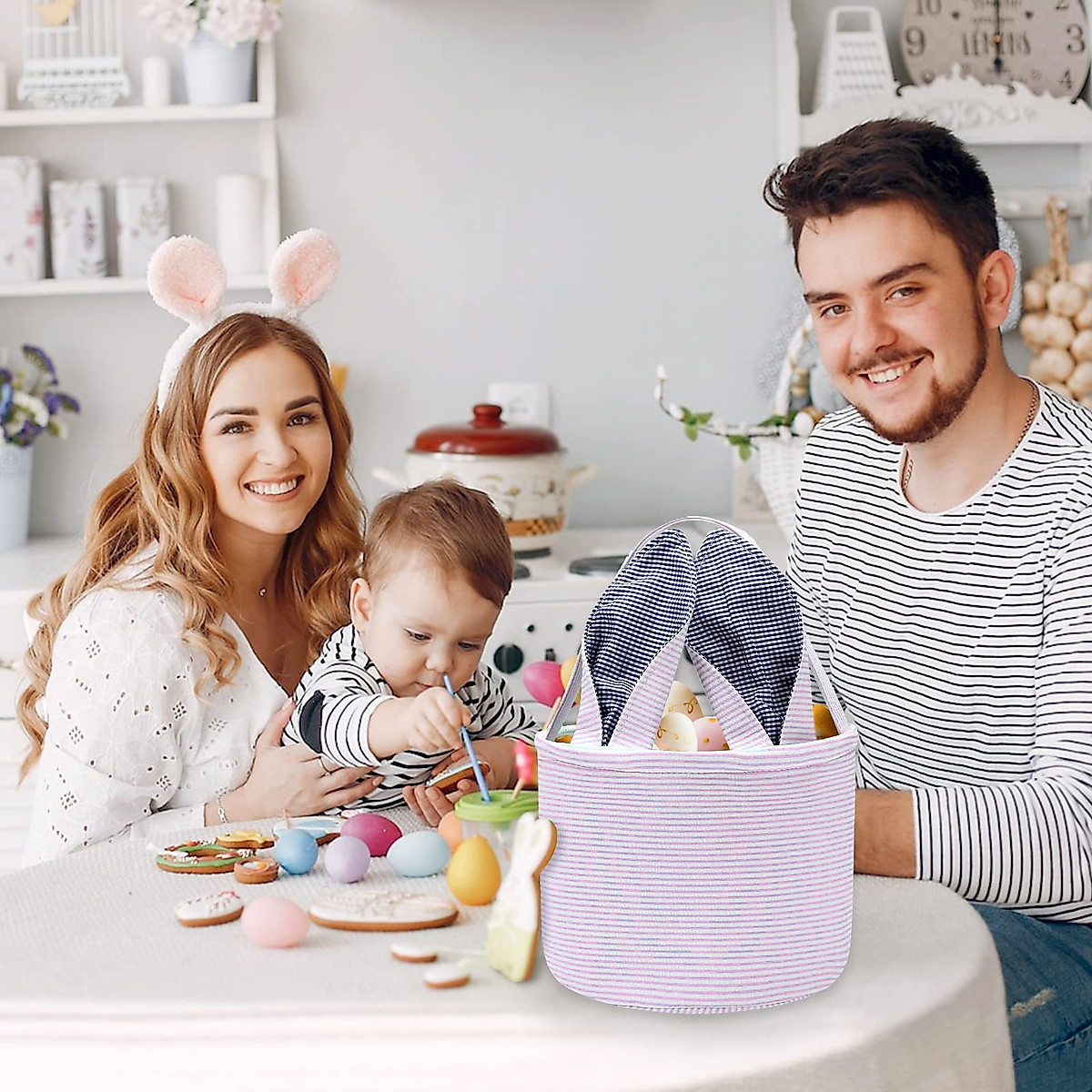 GFU Easter Basket, Seersucker Bunny Baskets for Kids, Eggs Hunt Bag with 2pcs Stickers, Cute Rabbit Ears Stripe Storage Bag, Children Personalized Easter Gifts