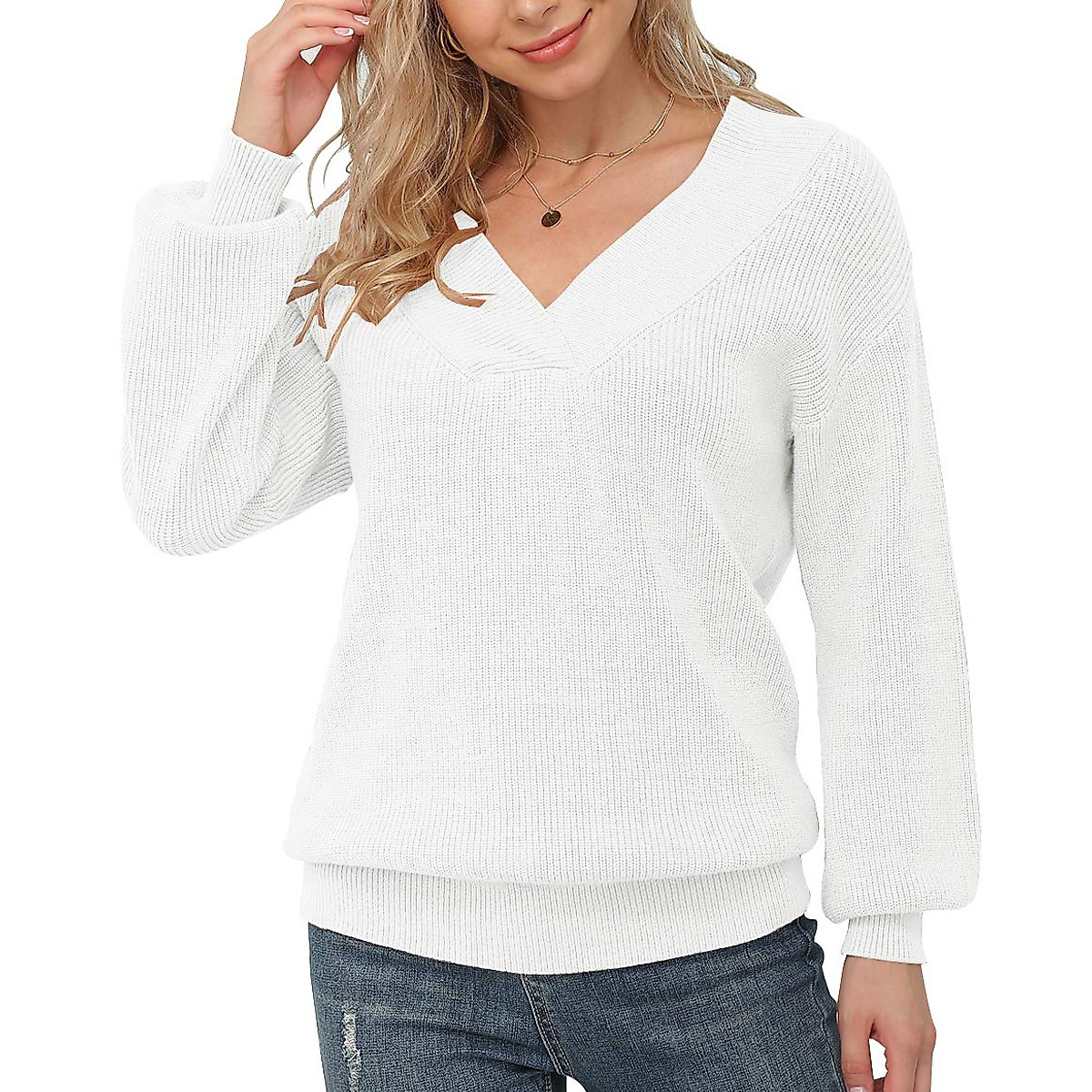 Feiersi Women's Off Shoulder Sweater Long Sleeve Loose Tops V-Neck Pullover Knit Jumper(White,Large)