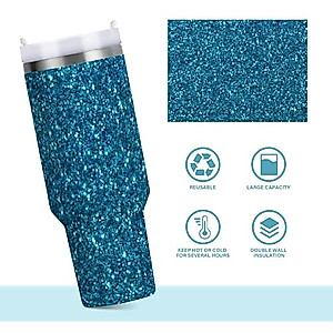 Blue Glitter Texture 40 oz Tumbler with Handle and Straw Lid, Sparkling Sequins Insulated Coffee Cup Reusable Stainless Steel Water Bottle Travel Mug Cupholder Friendly,Gifts for Women Men