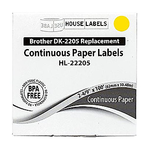 HOUSELABELS Compatible with DK-2205 Replacement Roll for Brother QL Label Printers; Yellow Continuous Length Labels; 2-4/9" x 100 feet (62mm*30.48m) with 1 Reusable Cartridge - 5 Rolls