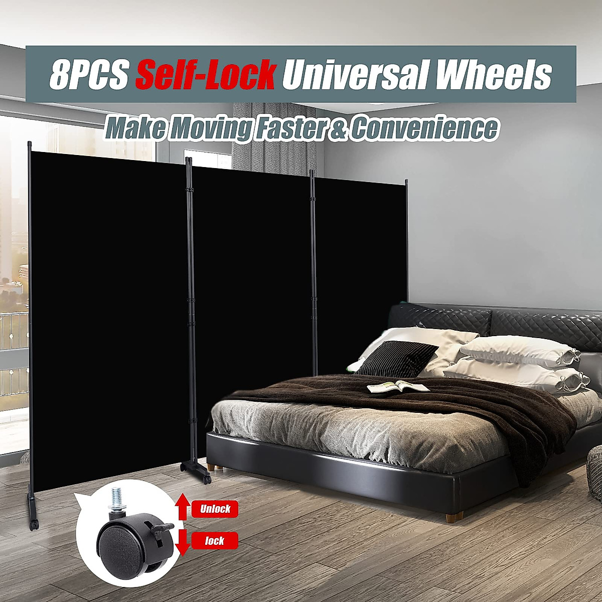 Room Divider Folding Privacy Screens with Wheels, 6FT Tall Divider for Room Separation, 3 Panel Movable Room Partitons and Dividers, Indoor Room Dividers Panel with Non-See Through Fabric for Office