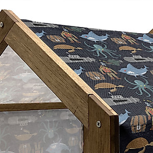 Ambesonne Diver Wooden Dog House, Ocean Items Pattern Shark Sea Turtle Submarine Octopus Deep Sea Angler Nautical Theme, Indoor & Outdoor Portable Dog Kennel with Pillow & Cover, 2X-Large, Multicolor