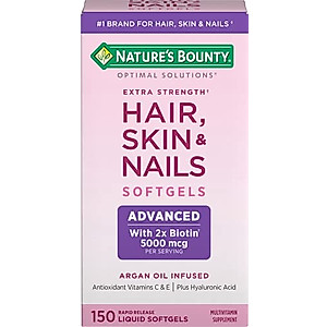 Nature's Bounty Hair, Skin & Nails Rapid Release Softgels, Argan-Infused Vitamin Supplement with Biotin and Hyaluronic Acid, Supports Hair, Skin, and Nail Health for Women, 150 Count