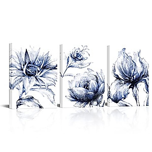 HOMEOART Blue Flower Picture Wall Decor Floral Canvas Print Bathroom Decor Wall Art Blue Elegant Flower Art Print Framed Ready to Hang (12x16inchx3 Pieces)