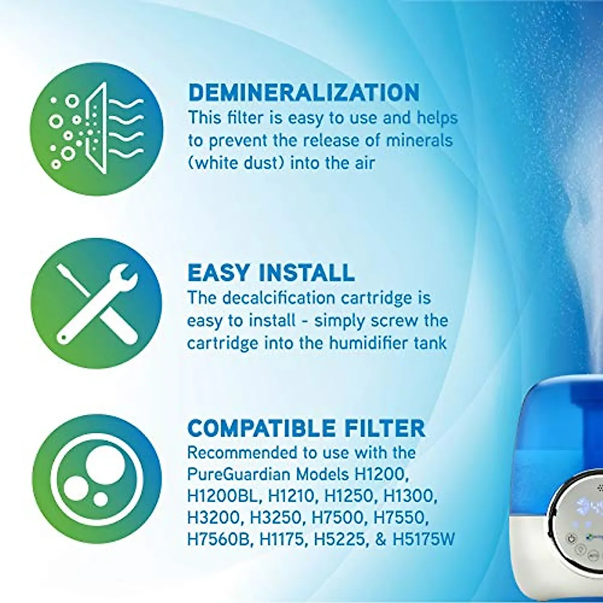 PureGuardian FLTDC20 Humidifier Demineralization Filter, Cartridge #2, 700 Hrs. Run Time, Prevents Release of Minerals Into Air, Fights White Dust, Easy Application to PureGuardian Humidifier