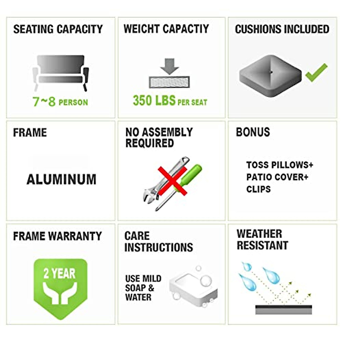 SUSIE'S GARDEN Outdoor Patio Sectionals Set No Assembly Aluminum Patio Furniture 8 Piece Outdoor Sofa Wicker Ottoman Chair Table w/Free Raincovers and Toss Pillows