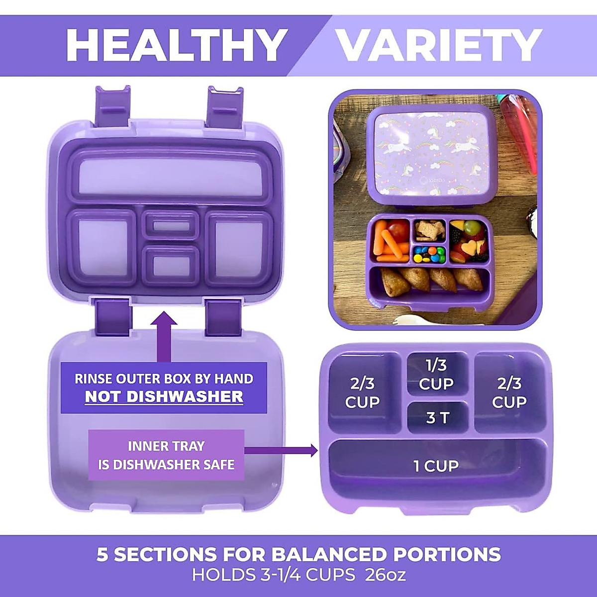 Bento Box, Steel Food Thermos, Insulated Lunch Bag and Ice Pack Set for Kids - 5 Leakproof Compartments, Lunches or Snack Container for Girls, Toddlers Daycare Pre-School, Kindergarten Purple Unicorn