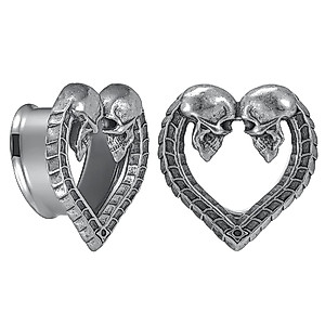 COOEAR 1 Pair Stainless Steel Gauges for Ears Heart Style Tunnels Skull Plugs Flesh Stretchers Earrings 0g to 1".