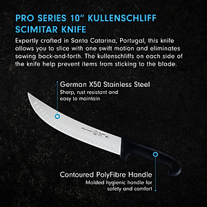 Messermeister Pro Series 10” Kullenschliff Scimitar Knife - German X50 Stainless Steel & NSF-Approved PolyFibre Handle - 15-Degree Edge, Rust Resistant & Easy to Maintain - Made in Portugal