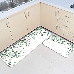 Kitchen Mat Set of 2 Anti-Fatigue Kitchen Rug, Watercolor Green Eucalyptus Nature Non-Slip Kitchen Mats and Rugs, Kitchen Doormat Runner Rug for Floor Home Office Sink Laundry, Spring Plant Green Leaf