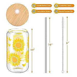 Lvoetgif Sunflower Gifts for Women, Iced Coffee Glass with Bamboo Lids and Straw, Beer Can Shaped Drinking Glass Cup, Inspirational Birthday Sunshine Christmas Gifts for Mom, Best Friend, Wife