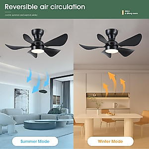 Kviflon Ceiling Fans with Lights and Remote/APP Control, 30 inch Low Profile Ceiling Fans with 5 Reversible Blades 3 Colors Dimmable 6 Speeds Ceiling Fan for Bedroom Kids Room Dining Room, Black