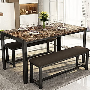 DKLGG Dining Table Set for 4 Faux Marble Kitchen Table with PU Leather Benches Kitchen Table Dinner Table Set for 4 Small Kitchen Table and Chairs for Small Spaces