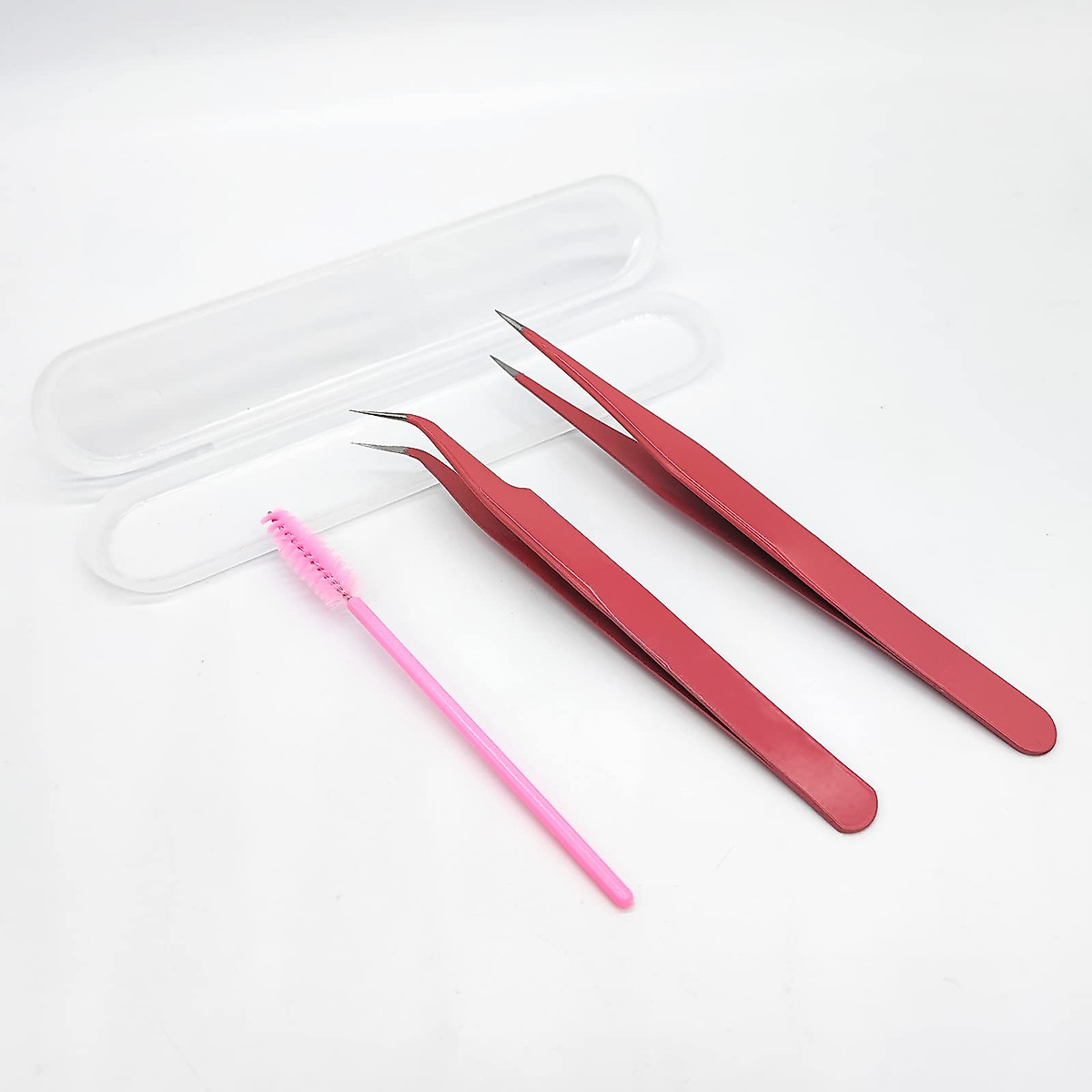 BlingKingdom Stainless Steel Eyelash Extension Tweezers Straight and Curved Tip Eyelash Tweezers for Eyelash Extension Applications with Eyelash Brush