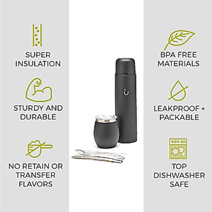 BALIBETOV Complete Yerba Mate Set - Modern Mate Gourd, Thermos, Bombilla and Cleaning Brush Included - All Premium Quality 304 18/8 Stainless Steel (Full Black)