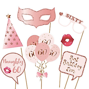 60th Birthday Party Photo Booth Props and Signs, Rose Gold 60 Birthday Party Selfie Props Kit with Sticks for Girls Women, Sixty 60th Happy Birthday Party Decorations Supplies Favors