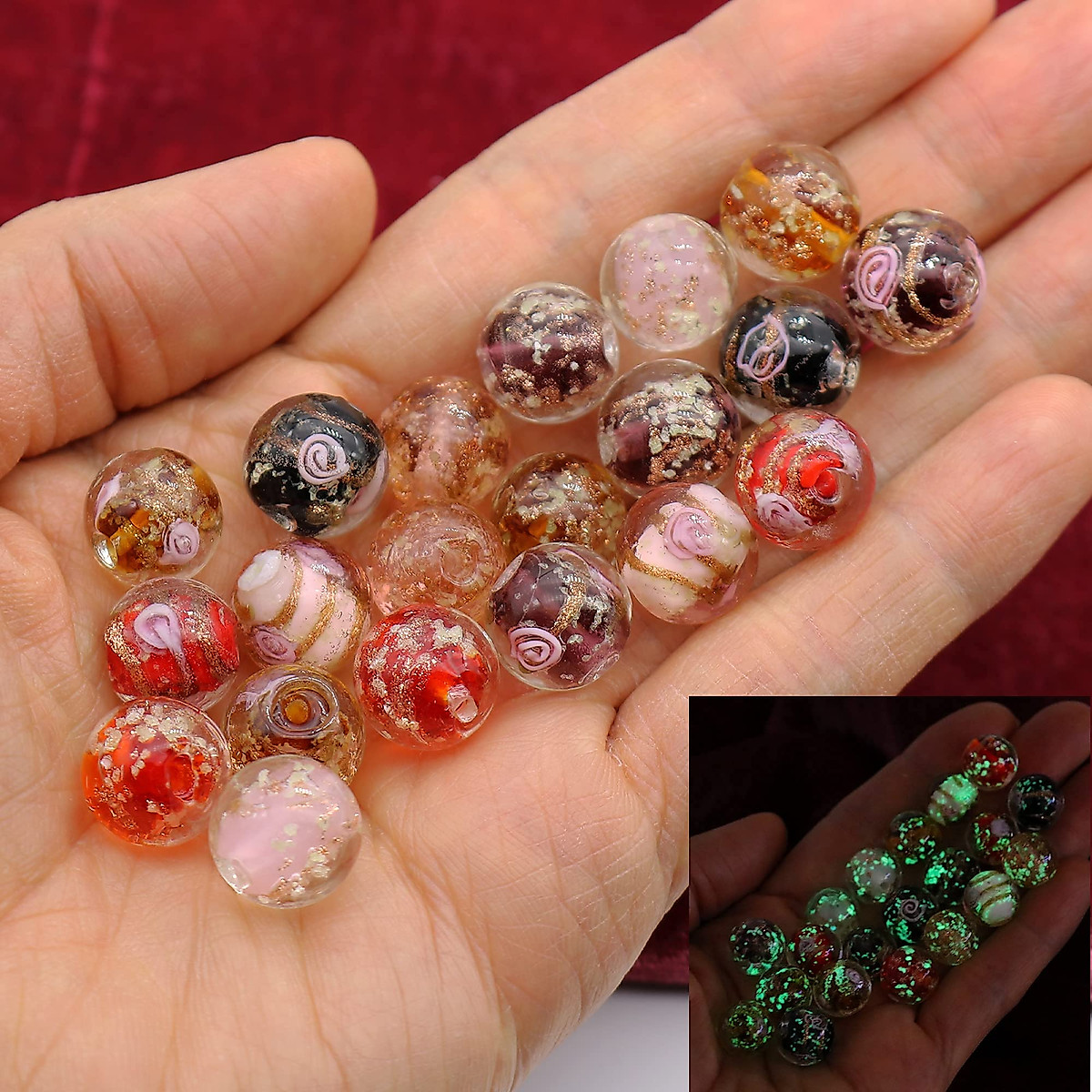 Artsy Crafts 20 Pcs Assorted Glow in The Dark Firefly Beads 12mm European Lampwork Luminous Glass Beads for Jewelry Making Charm Bracelet Necklace Earrings Crafts (Red Series 20pcs)