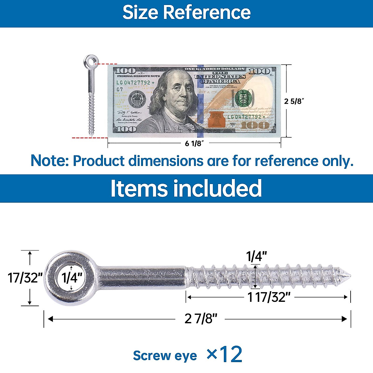 Muzata 12Pack 2.9Inch M6 Screw Eye Hook Wood Screws Metal Hook T316 Stainless Steel for Wood Securing Cable Wire Terminal Ring Eyelet Stand Self Tapping Eye Bolt Indoor Outdoor CN07 HN1