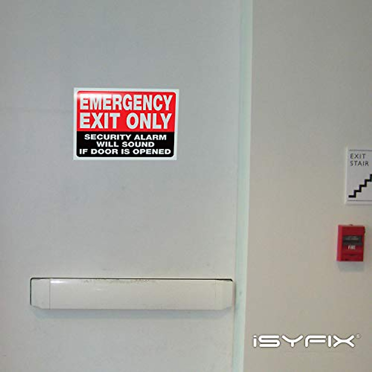 iSYFIX Emergency Exit Only Stickers – 2 Pack 10x7 Inch – Premium Self-Adhesive Vinyl, Laminated UV, Weather, Scratch, Water & Fade Resistance, Security Alarm Will Sound if Door is Opened Signs
