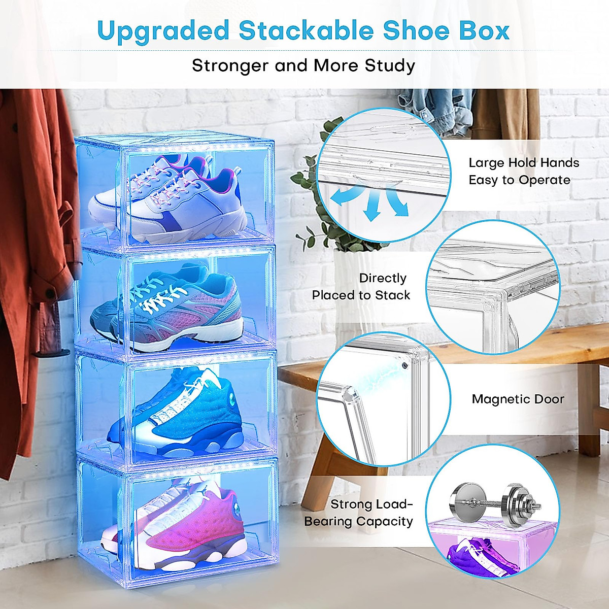 Oltraman Shoe Storage Organizer for Closet, Foldable Shoe Boxes Rack 2 pack, Clear Plastic Stackable Containers Bins Holder, Magnetic Sneaker Shelf for Sneakerheads with LED Lights Clear