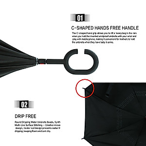 MRTLLOA Windproof Inverted Reverse Umbrella with UV Protection, C-Shaped Handle Double Layer Stick Umbrella for Rain (Black)