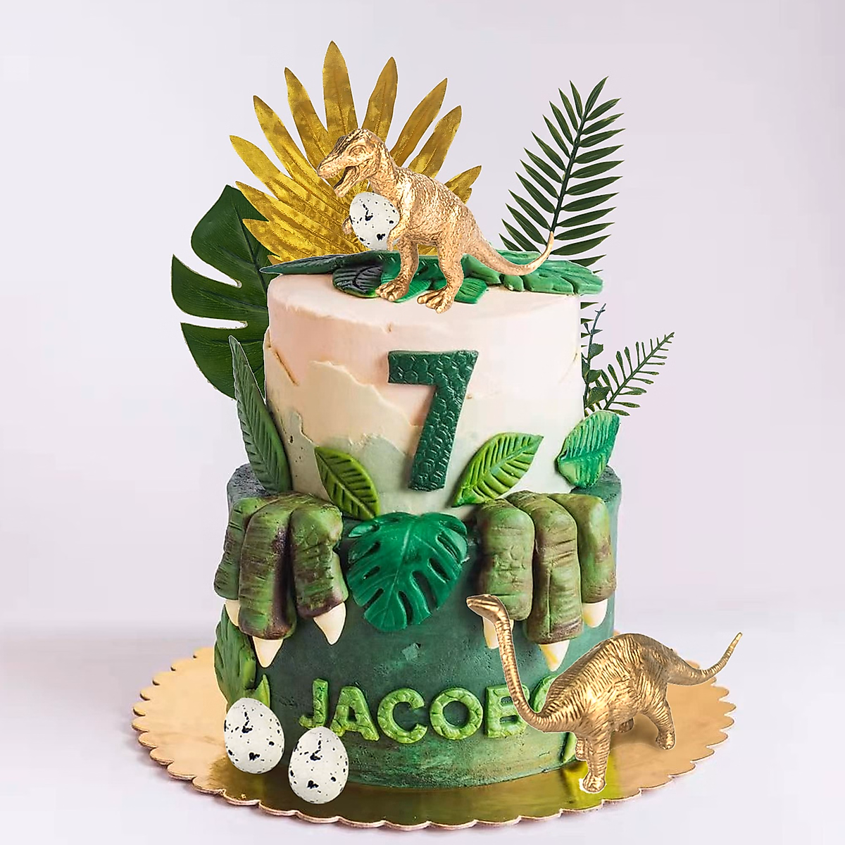 16 PCS Metallic Gold Dinosaur Cake Decorations Dino Theme Cake Topper with Artificial Palm Leaves Dinosaur Eggs for Kids Boys Girls Baby Shower Birthday Party Supplies