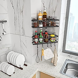 Corner Shower Caddy, MFTEK 2 Pack Shower Shelves Bathroom Shower Organizers Rack with Hooks, No Drilling Rustproof Adhesive Shower Shelf for Bathroom Storage, Black